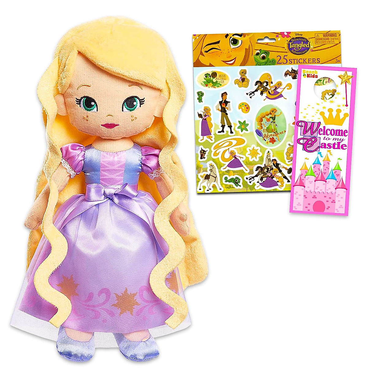 Disney Rapunzel Plush Doll - 3 Pc Bundle with Rapunzel Plush Toy, Tangled Rapunzel Stickers, Princess Door Hanger Tangled Rapunzel Plush for Girls Kids