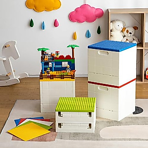 SHIMOYAMA Collapsible Storage Box with Building Baseplate Lid for Duplo Blocks, 26 Qt. Stackable Bricks Storage Bins, 25L Folding Utility Container for Lego Duplo Bricks, Red