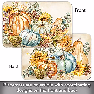 CounterArt Harvest Pumpkins & Sunflowers 4 Pack Reversible Easy Care Flexible Plastic Placemats Made in The USA BPA Free PVC Free Easily Wipes Clean