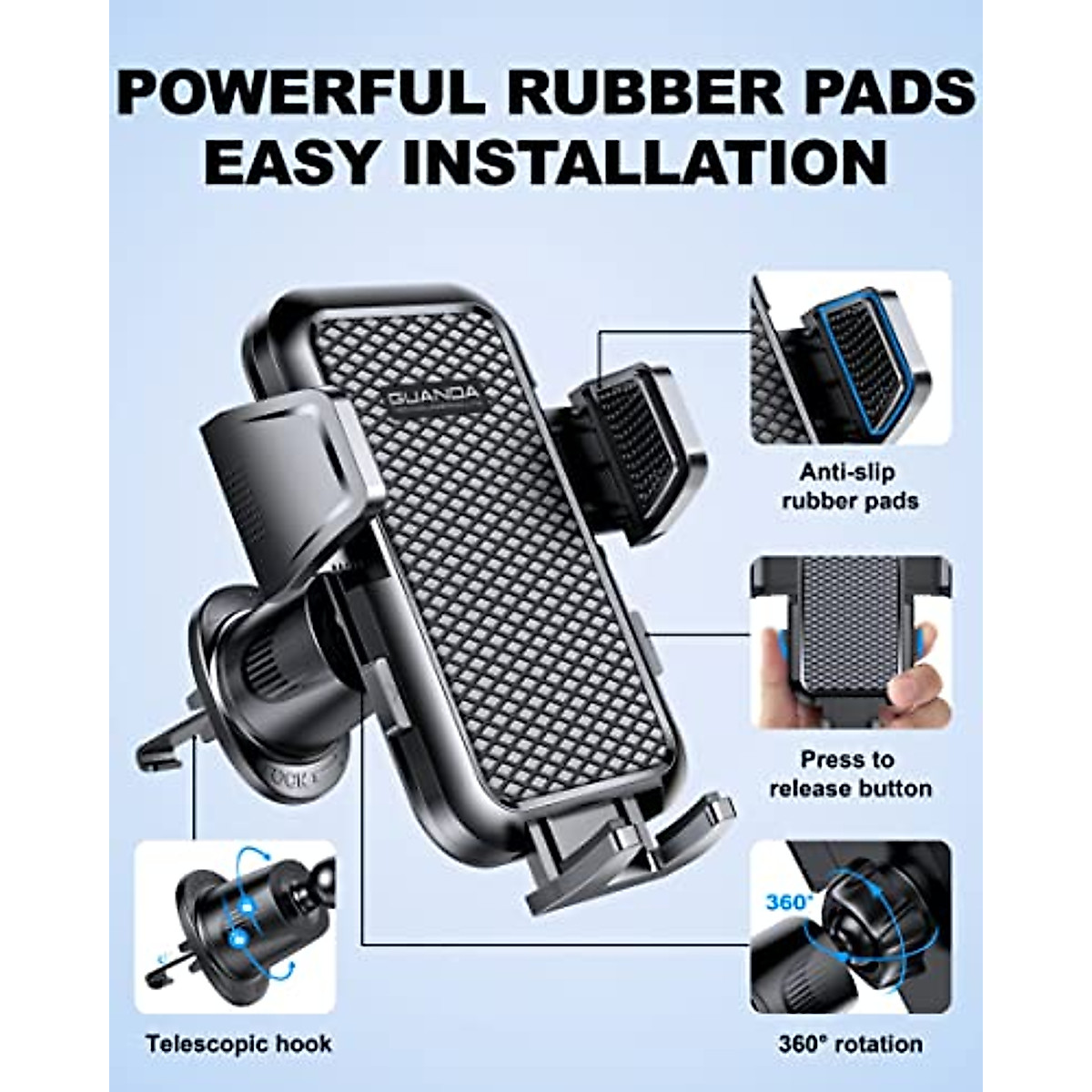 Car Phone Mount Vent Clip, Car Phone Holder Mount 360° Rotation, Adjustable Clip, Big Phone & Thick Case Friendly, Compatibility Fit for All 4"-7" Smartphone, Cell Phone Automobile Cradles Universal