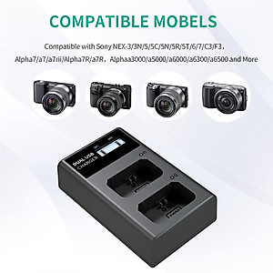 NP-FW50 Battery Charger, LCD Dual Charger Compatible with Sony Alpha A6000, A6400, A6100, A6300, A6500, A5100, A7, A7 II, A7R, A7R II, A7R2, A7S, A7S II, A7S2, A5000, A3000, RX10, NEX-3/5/7 Series