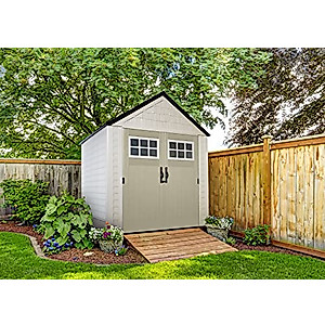 Rubbermaid Resin Weather Resistant Outdoor Storage Shed, 7 x 7 ft. , Faint Maple/Onyx/Sandstone, for Garden/Backyard/Home/Pool