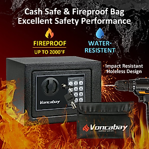 Voncabay Money Safe Box for Home with Sensor Light & Fireproof Money Bag for Cash Safe, Security Safe Box for Money Safe with Keys & Pass Code, Lock Box Fireproof Safe with Digital Keypad