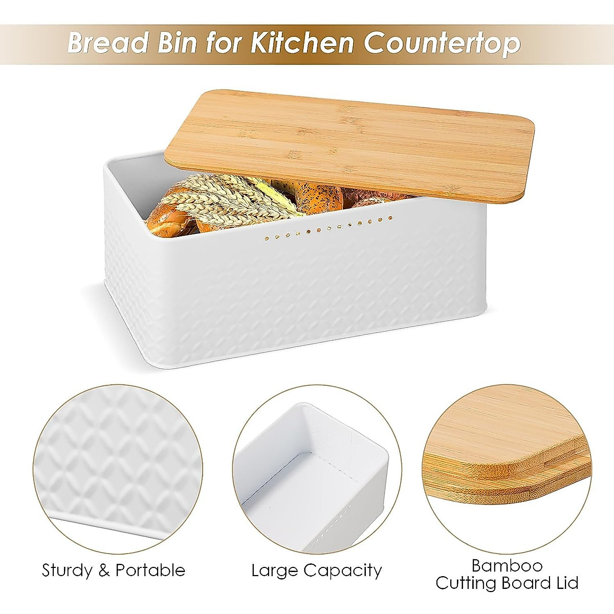 Widousy Bread Bin with Bamboo Lid, White Bread storage box – Bread Holder Bin for Kitchen Countertop Storage Organizer (White)