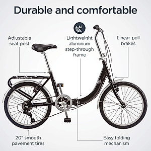 Schwinn Loop Adult Folding Bike for Men and Women, 20-inch Wheels, 7-Speed Drivetrain, Rear Cargo Rack, Carrying Bag, Black