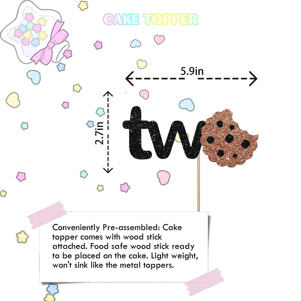 Cookie Two Cake Topper, Happy 2nd Birthday Cake Topper, Brown Giltter Cookie Cake Decor for Baby Shower, Two Years Old Birthday/Anniversary Party Decoration Supplies