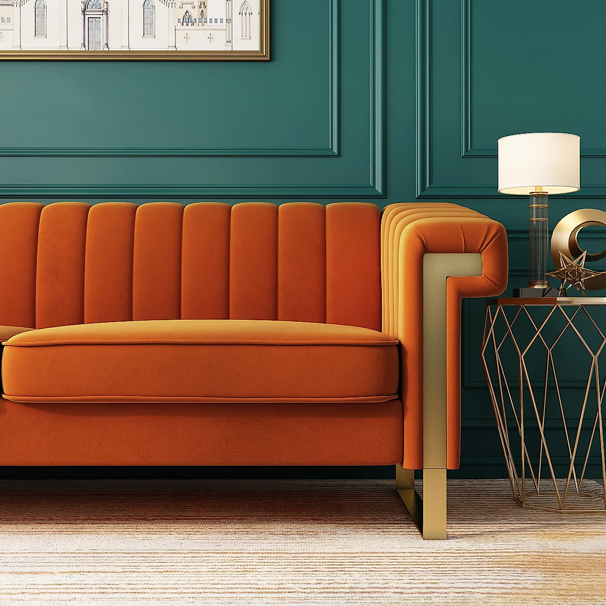 STORFENBOR 83'' Velvet Sofa, Chesterfield Velvet Upholstered Mid-Century Modern Loveseat, Ring Anti-Crash Design Armchair Feet, 3 Seat Living Room Apartment Large Comfort Sofa (Orange)