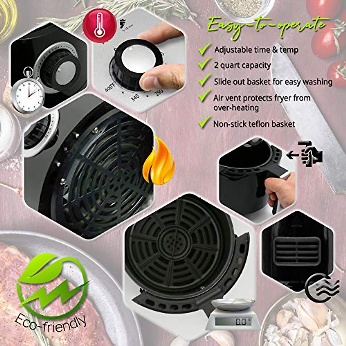 NutriChef Oven 2 Quart-1000w Power Oilless Dry Machine Large Capacity Family Size Air Fryer Removable Deep Non-Stick Teflon Fry Basket, Roasting Plate PKAIR, avarage, Black