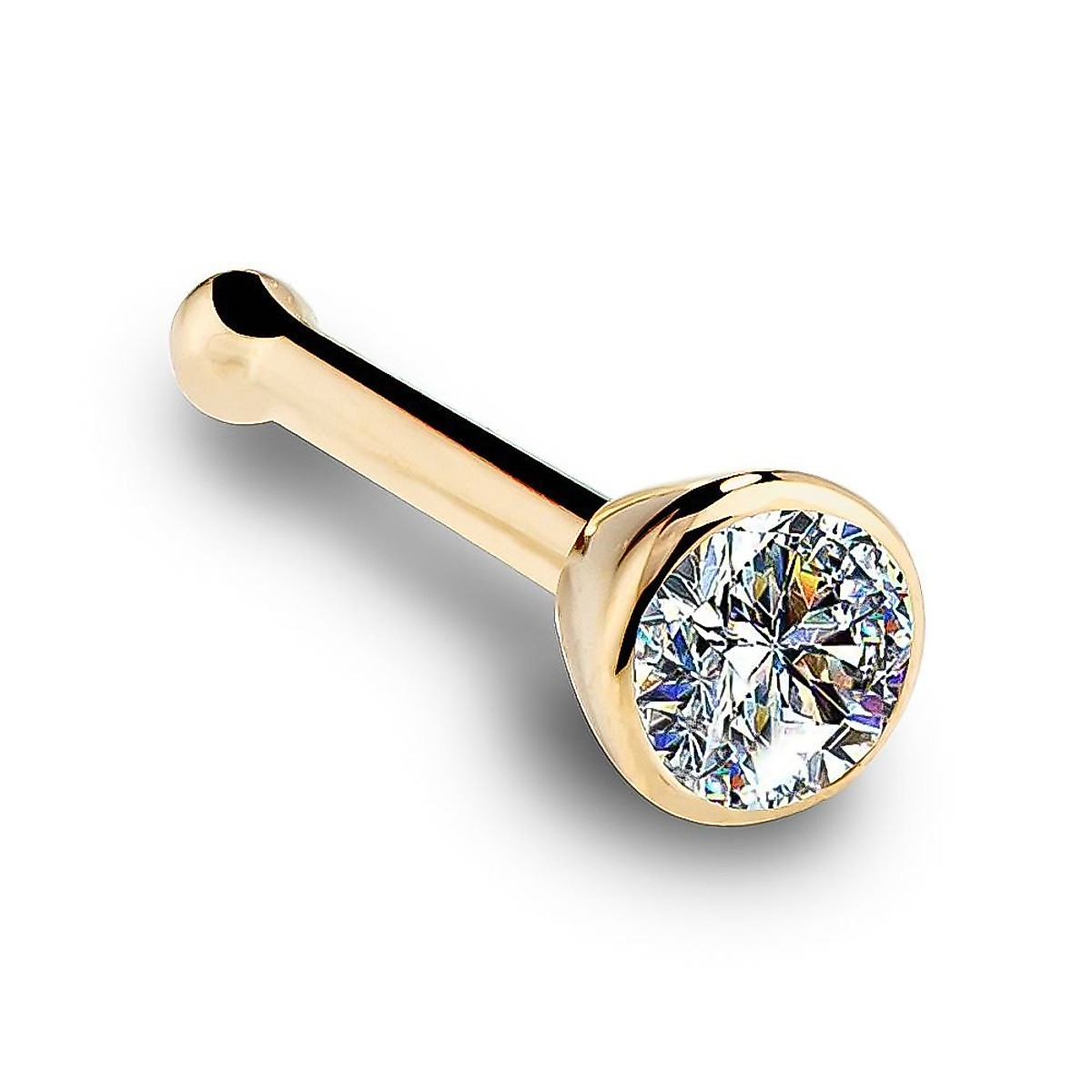 SI1 2mm 0.03ct. t.w. Diamond Flush Bezel Set Diamond 14K Yellow Gold Bone Nose Ring 20G