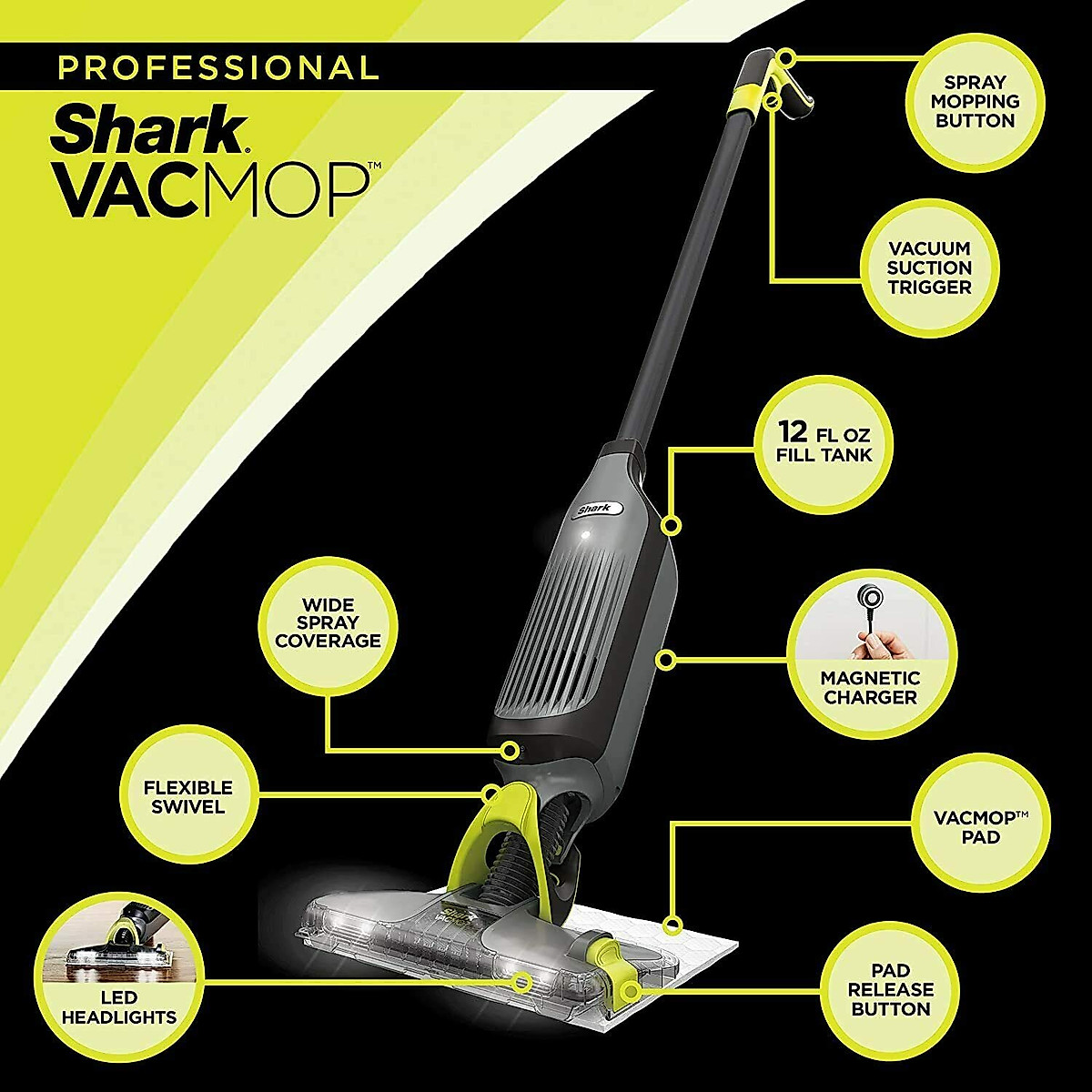 Shark QM250 / VM250 VACMOP Pro Cordless Hard Floor Vacuum Mop with Disposable Pad, Charcoal Gray- - QM250 (Charcoal Gray VM250) (Renewed)