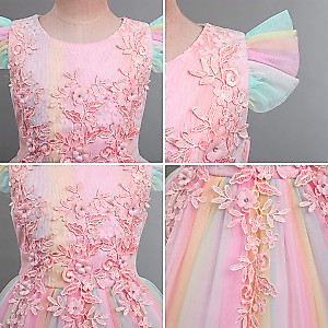 Little Big Girls Rainbow Costume Pageant Princess Party Tulle Dress Kids Floral First Communion Wedding Birthday Halloween Christmas Carnival Long Maxi Ball Gown Rainbow 7-8 Years