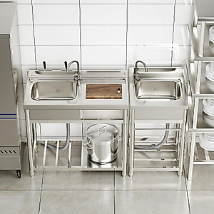 ROOMTEC 304 Stainless Steel Single Bowl Utility Sink Set, Commercial Restaurant Kitchen Sink, Outdoor Sink with Workbench & Storage Shelve with Hot and Cold Water Pipes (39 in (Left bowl))