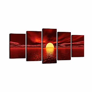 Wieco Art Red Sun Canvas Prints Wall Art Ocean Sea Beach Pictures Paintings Ready to Hang for Living Room Bedroom Home Decorations Modern 5 Piece Stretched and Framed Grace Landscape Giclee Artwork