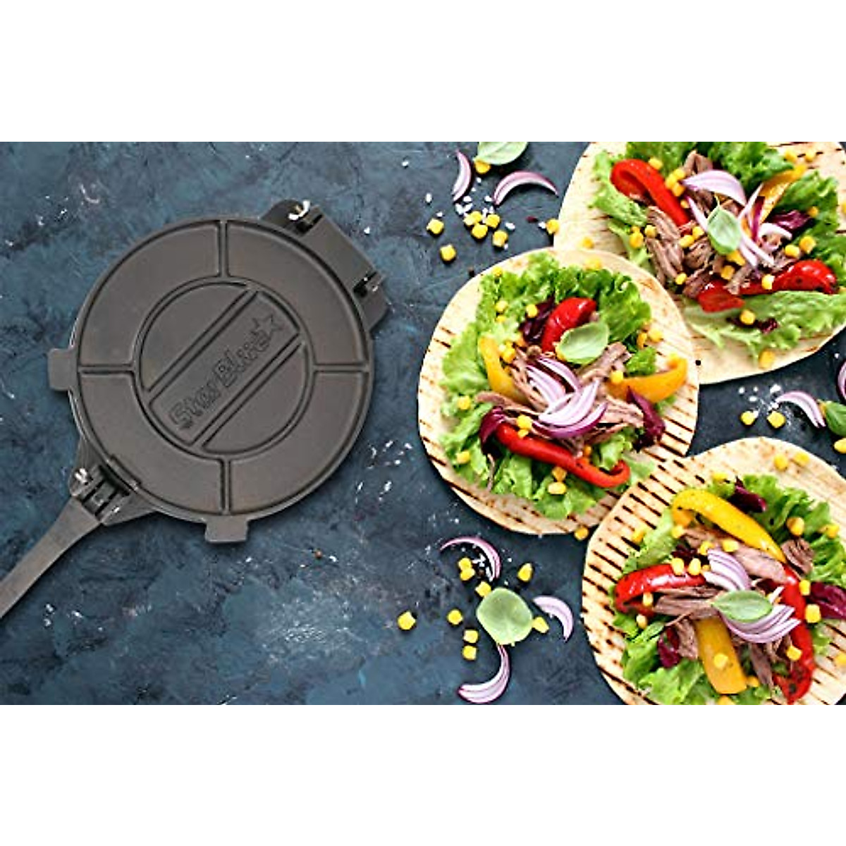 10 Inch Cast Iron Tortilla Press by StarBlue with FREE 100 Pieces Oil Paper and Recipes e-book - Tool to make Indian style Chapati, Flour Tortilla, Roti