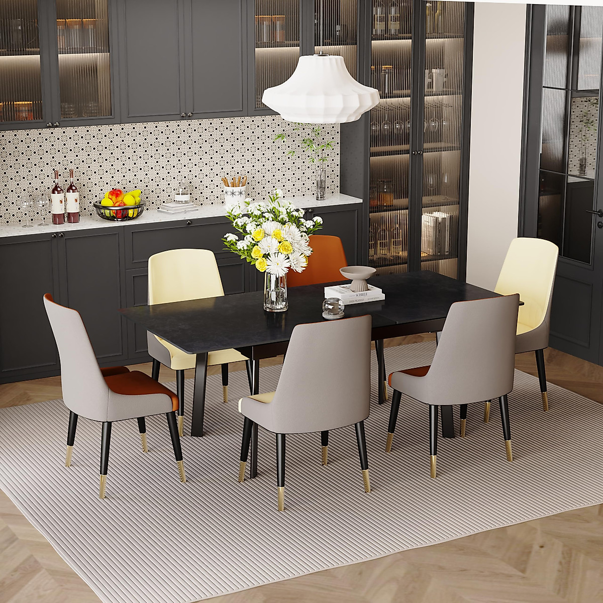 Dining Chairs Set of 2: Faux Leather Upholstered Modern Chair with Backrest - Armless Accent Chairs with Metal Legs for Kitchen Living Room Bedroom (Orange+Grey)