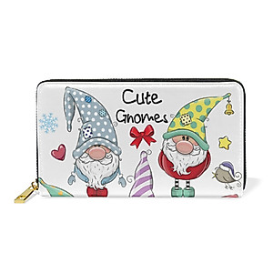 Colorful Cartoon Cute Gnomes Seamless On White Leather Long Wallet Organizer with Zipper Purse Clutch Bag for Women Men