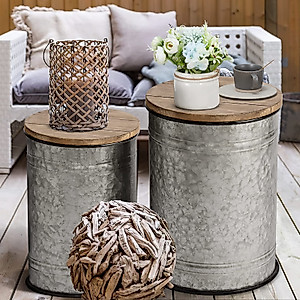 oneinmil Rustic End Table with Storage Bins Farmhouse Furniture Galvanized Metal Stool Ottoman Seat with Round Wood Lid Set of 2