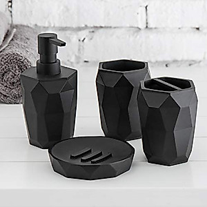 MyGift 4 Piece Modern Black Resin Bathroom Accessories Set with Geometric Design Includes Lotion Pump Bottle, Toothbrush Holder, Tumbler and Soap Dish