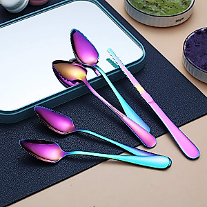 Rainbow Grapefruit Spoons 5 Pieces Set, 4 Stainless Steel Grapefruit Spoon And 1 Grapefruit knife With Titanium Plating, Grapefruit Utensil Set, Serrated Edges Spoon pack of 5 (Rainbow)