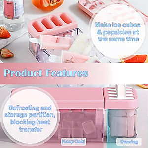 Ice Cube Tray with Lid and Bin, 24pcs Ice Cube Molds and 4pcs Popsicles Molds with 4 Reusable Popsicle Sticks, 1 Ice Scoop, Ice Cube Trays for Freezer, Whiskey, Cocktails (Pink), Masjenbu