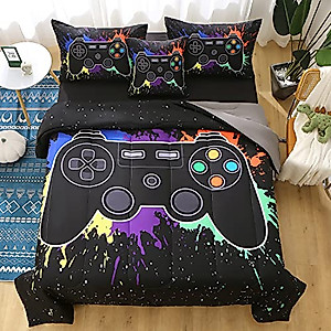 JQinHome Twin Gamer Comforter Sets for Boys&Girls ,6 Piece Bed in A Bag 3D Video Game Bedding -All Season Microfiber Gamer Bedding Sets for Kids, with Pillowcase, Flat & Fitted Sheet,Cushion Cover