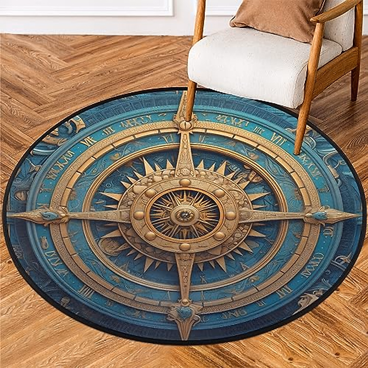 Blue Compass Rose Round Rug 5ft, Round Area Rug Ocean Nautical Non-Slip Circle Rug Indoor Floor Mat Carpet for Bedroom Living Room Kitchen Decor, 5' x 5' Round