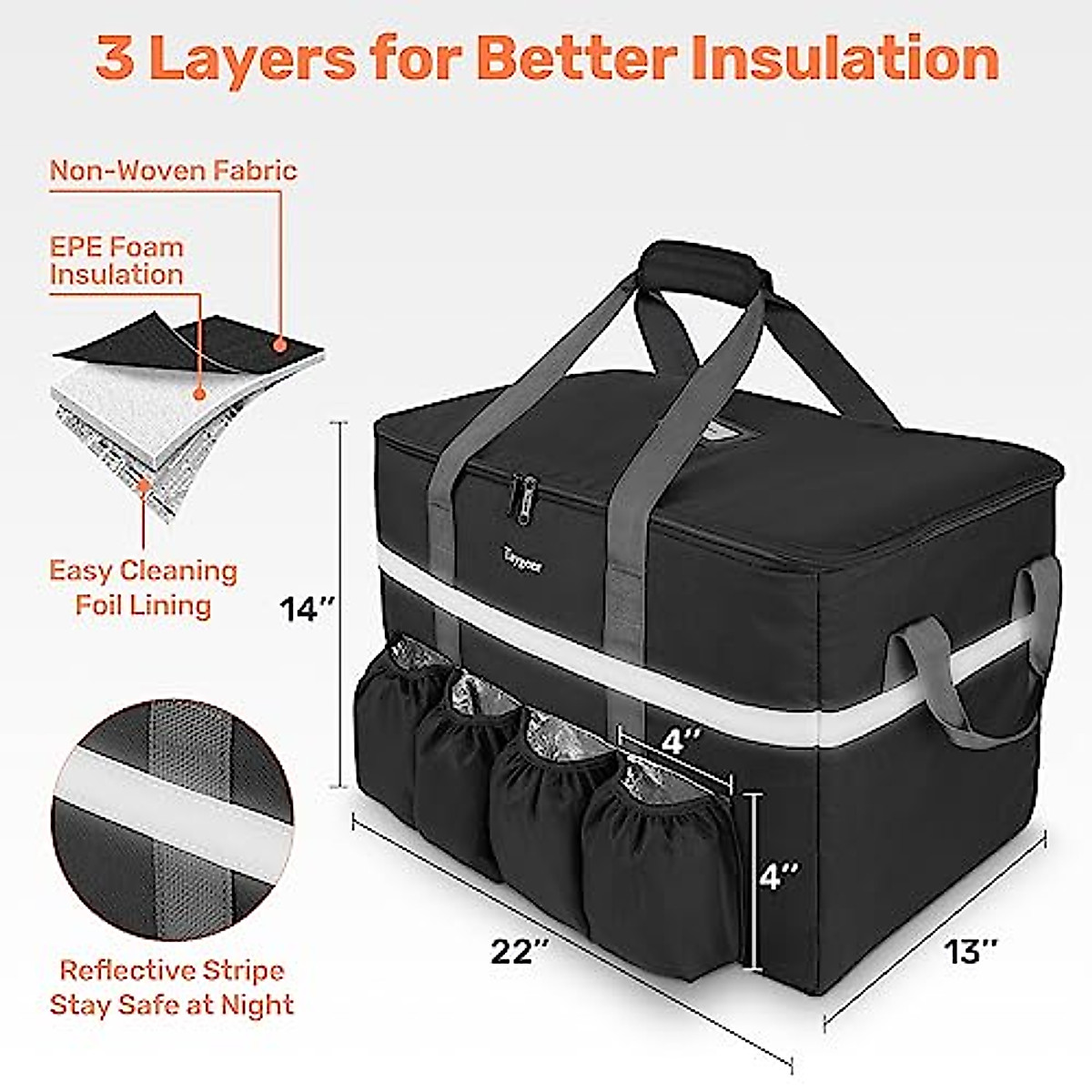 Insulated Food Delivery Bag with 4 Cup Holders, Large Warm & Cooler Shipping Bag, Catering Thermal Bag for Cold and Hot Food Transport, Grocery Bags for Pizza Delivery, Beverages, Uber Eat, Camping