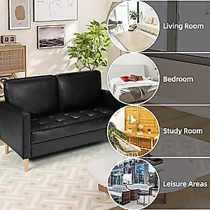 AILEEKISS 57'' Modern Loveseat Sofa Mid-Century Faux Leather 2-Seat Sofa Couch Upholstered Love Seats with Pillows for Living Room, Bedroom, Office, Small Space (Black 02)