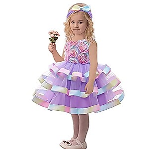 6M-6T Toddler Baby Girls Colorful Floral Tutu Gown Dress Party Evening Wedding Christmas Dance Dresses with Headwear Purple 90