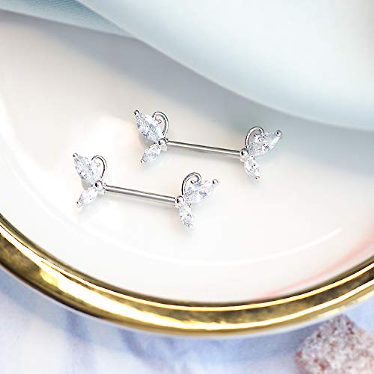 CHARM ONLINE 2PCS 14G 316L Stainless Steel Clear (Butterfly CZ Nipple Rings Barbell Crystal Nipple Piercings Jewelry for Women)