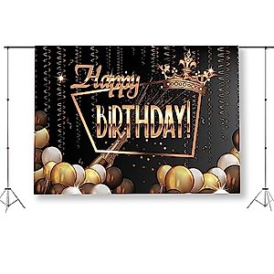 KUKUSOUL 5x3ft Black and Gold Backdrop Black Gold blloons Ribbon Happy Birthday Background for Girls Women Birthday Party Decorations Cake Table Banner Photo Booth Studio Props KUBYC397