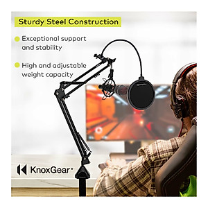 Knox Gear Boom Arm Microphone Stand for Podcasts, Studio Recording, Radio Broadcast, and Gaming, Microphone Desk Stand with 360-degree Rotation, Black Microphone Stand with 5/8-inch Screw Adapter