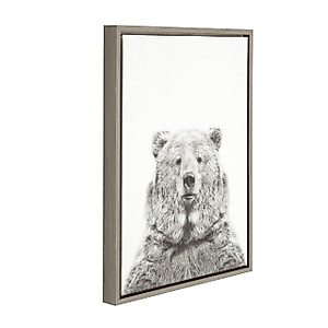 Kate and Laurel Sylvie Bear Animal Print Black and White Portrait Framed Canvas Wall Art by Simon Te Tai, 18x24 Gray