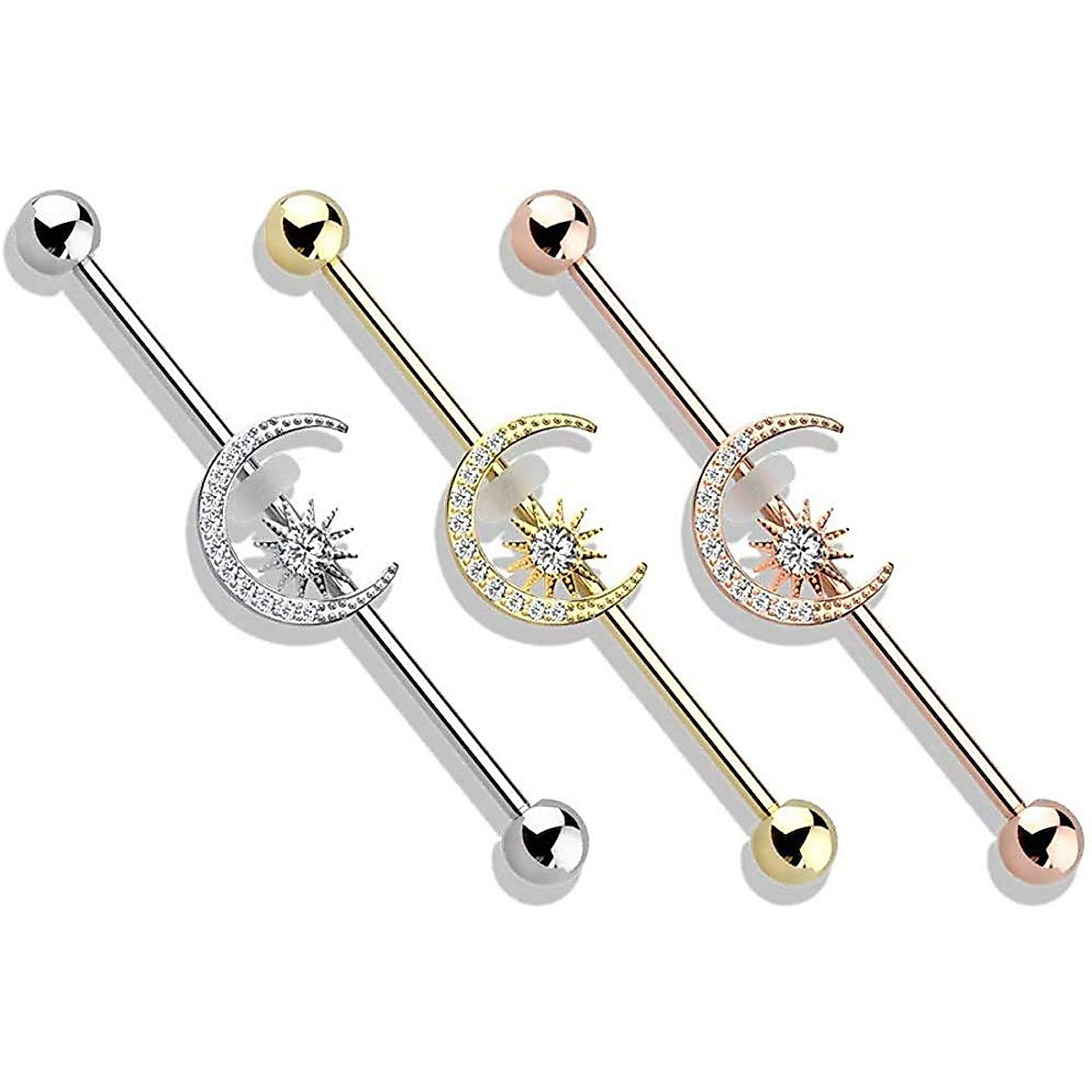 CZ Paved Moon with CZ Center Star 316L Surgical Steel Industrial Barbell (Clear)