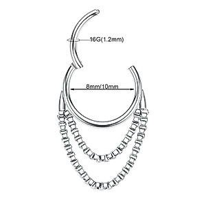Septum Jewelry 16G Septun Rings Silver Daith Earrings Surgical Steel Septum Clicker Chain Nose Ring Rook Earrings Seamless Conch Piercing Jewelry Septum Cartilage Helix Tragus Hoop Earrings 8mm