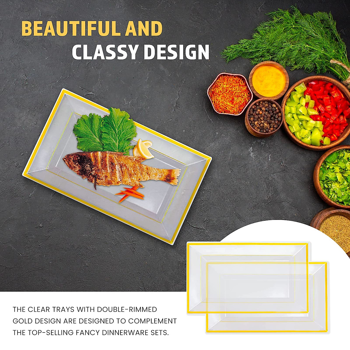 Yumchikel- Serving Tray Plastic for Party, 14" x 7.5" Platters for Serving Food (Clear Gold Rim)