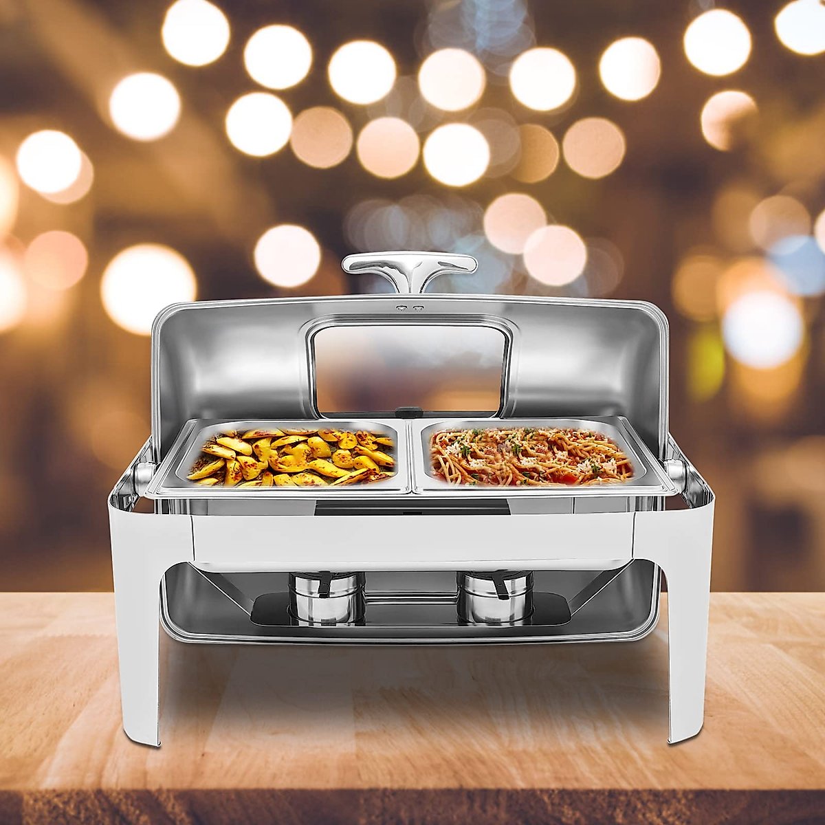 14.26Qt Chafing Dish Buffet Set, Stainless Steel Chafing Server Set with Clear Lid&2 Trays&Handle&Thickened Support Feet, for Food Warmer Parties Buffets