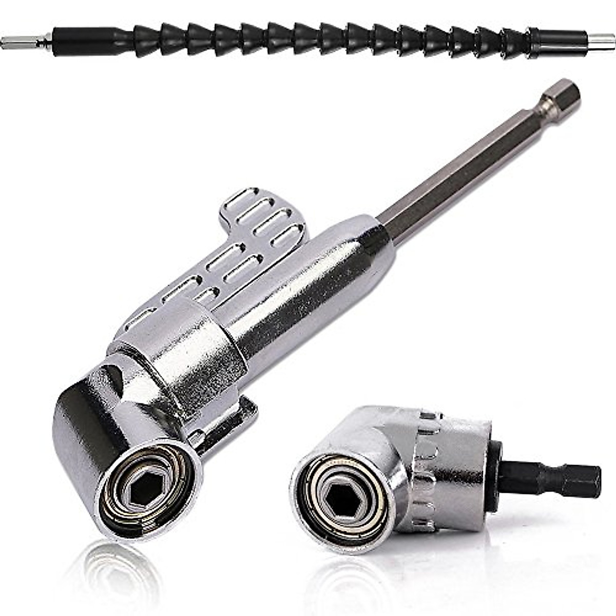 QISF 2Pcs 105 Degree 1/4 Inch Right Angle Drill Adapter Hex Shank Screwdriver Angled Bit Holder Power Drill Tool(1Pcs Short & 1Pcs Long) + 1Pcs Flexible Angle Extension Bit Kit for Screwdriver &Drill