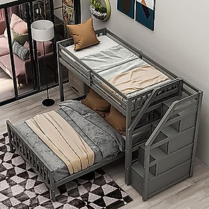Harper & Bright Designs Twin Over Full Bunk Beds with Storage Stairs, Wooden Stairway Bunk Beds with Removable Bottom Bed and Guardrails for Kids Girls Boys,No Box Spring Needed (Grey)