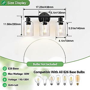3-Light Bathroom Light Fixtures, Black Bathroom Wall Lights, Modern Bathroom Vanity Light with Clear Glass Shade, Bathroom Wall Lamp for Mirror Kitchen Bedroom Living Room Hallway Cabinet Porch