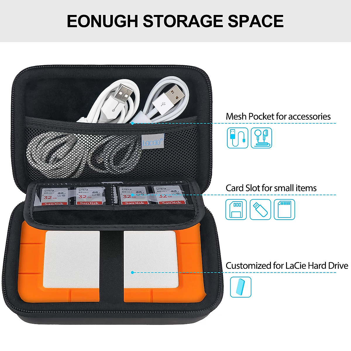 Lacdo Hard Drive Carrying Case for LaCie Rugged Mini/Rugged Thunderbolt USB 3.0 2.0 USB-C External Hard Drive Portable HDD 1TB 2TB 4TB 5TB EVA Shockproof Protective Storage Holder Travel Bag, Black