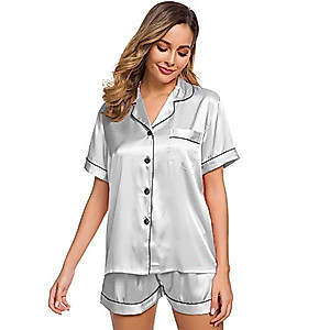 SWOMOG Womens Silk Satin Pajamas Set Two-piece Pj Sets Sleepwear Loungewear Button-Down Pj Sets Grey
