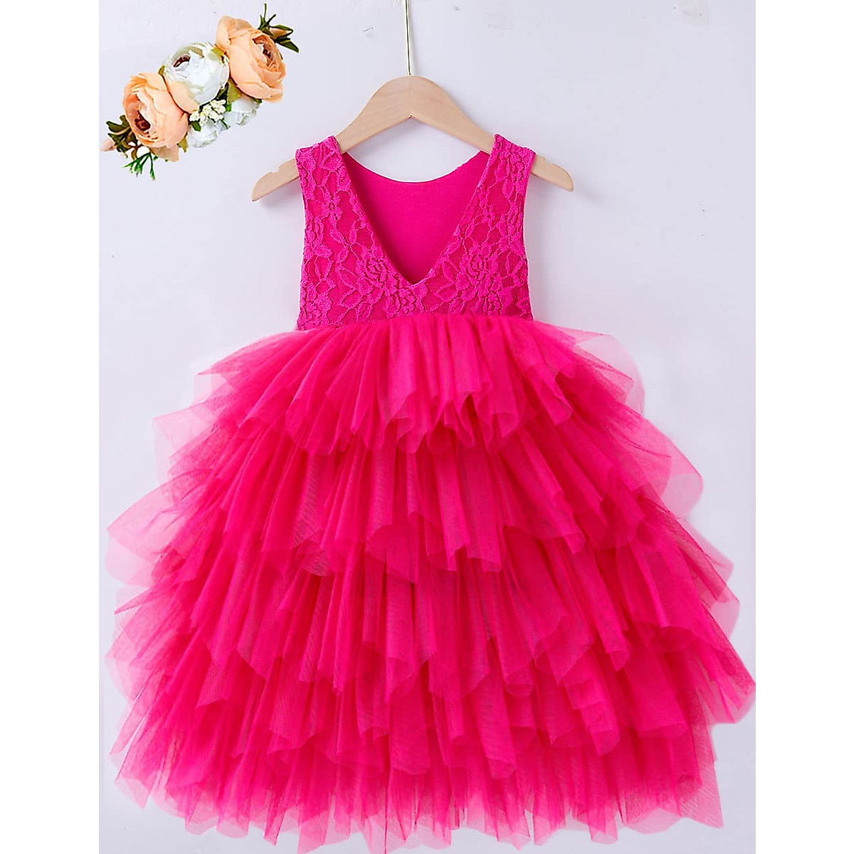Cilucu Flower Girls Dress Kids Long Tiered Tulle Dresses Little Girls Birthday Party Ball Gown Baby Girls Princess Banquet Pageant Outfits Children Summer Boho Dress Hot Pink Size 3-4T