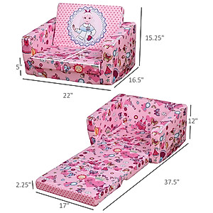 Qaba Kids Fold-Out Couch/Chair Lounger with Space-Themed Washable Fabric & Removable Cushion for 3-6 Years Old, Pink