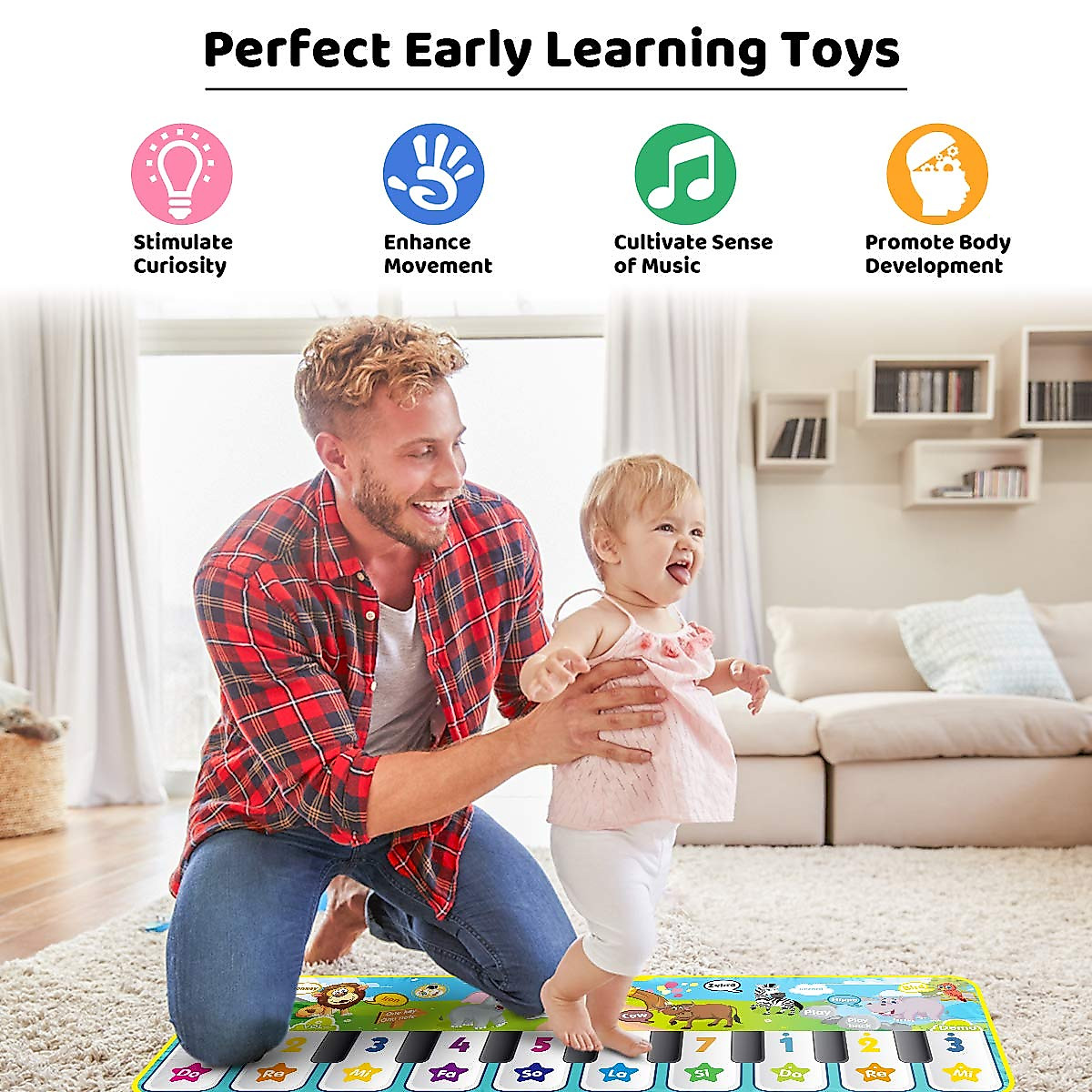 RenFox Baby Musical Mats with 42 Music Sounds, Kid Floor Piano Keyboard Dance Mat Animal Blanket Touch Playmat, Early Education Toys Gift for 1 2 3+ Years Old Toddlers Boys Girls