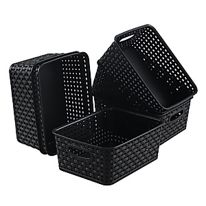 Lasbily 6-Pack Plastic Storage Basket, Woven Shelf Basket with Cut Out Handle, Pantry, Classroom, Kitchen, Bathroom Organizer Bin, Black