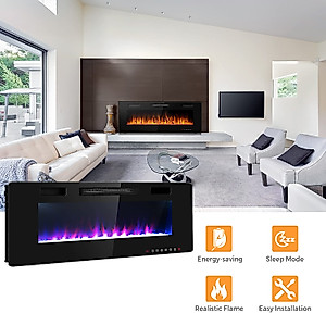 COSTWAY 60-Inch Electric Fireplace, 750W/1500W Wall Recessed and Mounted Fireplace Insert with Remote Control, 12 Flame Colors, 5 Brightness Settings, 8 H Timer, Fireplace Heater for Indoor Use