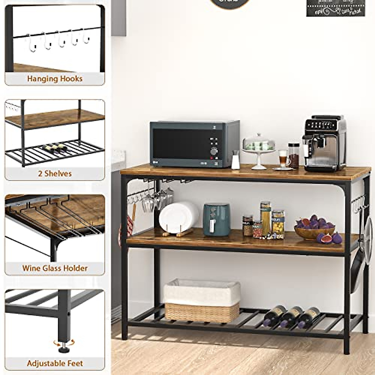 Homieasy Kitchen Island with Wine Glass Holder, Industrial Wood and Metal Coffee Bar Rack, 3 Tier Spacious Prep Table Extended Counter with Hooks Easy to Assemble, Rustic Brown