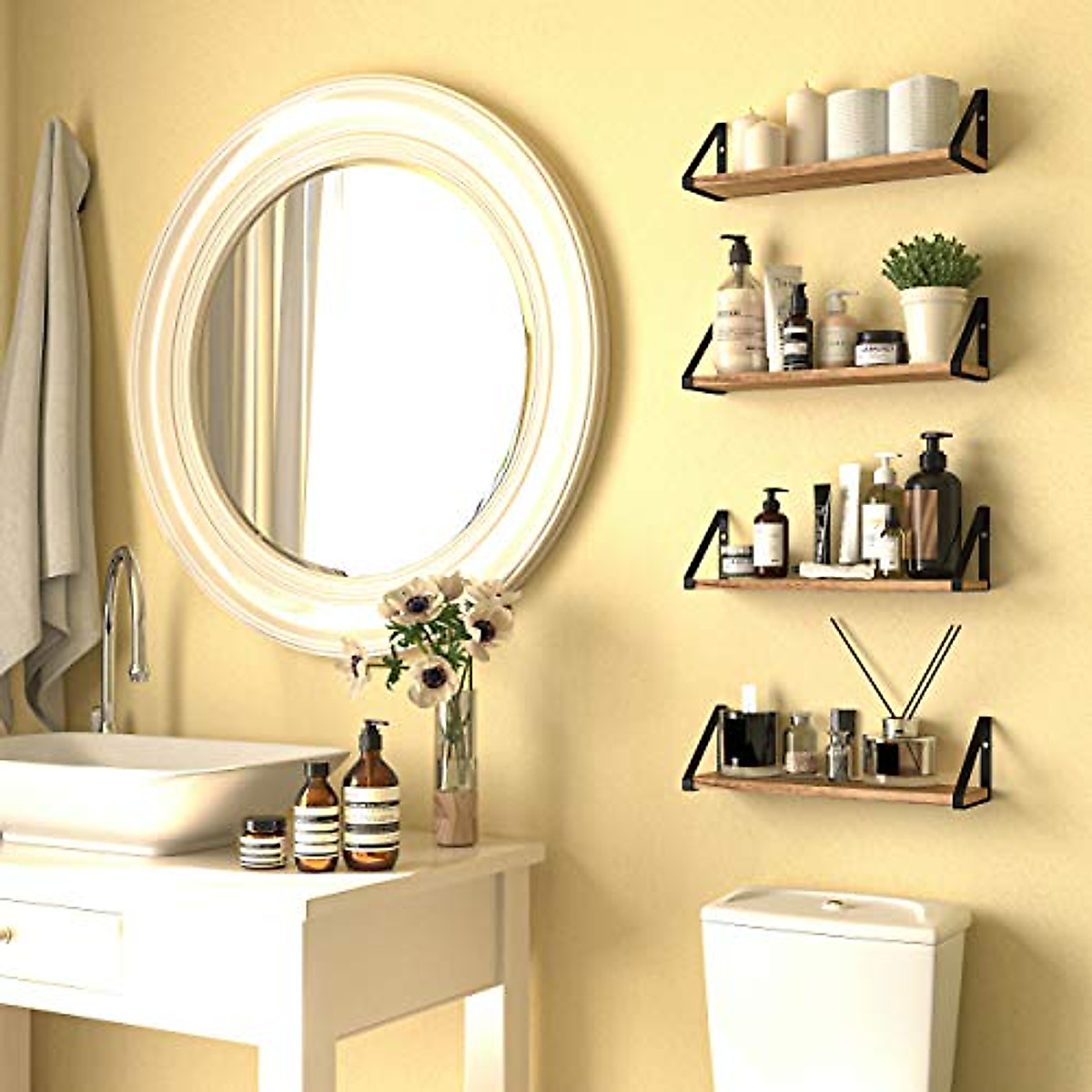 Wallniture Ponza 17"x4.5" Floating Shelves Wall Mounted Set of 4, Wall Shelves for Bedroom, Bathroom, Living Room, Kitchen, Natural Burnt Rustic Wood Wall Decor with Metal Floating Shelf Bracket