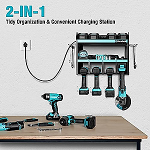 DURATECH Power Tool Organizer Wall Mount with Power Strip, Durable Power Tool Holder, Power Tool Storage Rack with 4 Drill Holders for Workshop, Garage